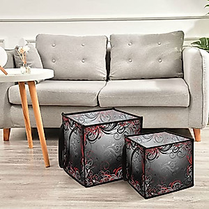 Blueangle Black Red Floral Cube Storage Bin with Handles, 10.6 x 10.6 x 10.6 in, Large Collapsible Organizer Storage Basket for Home Décor（158）