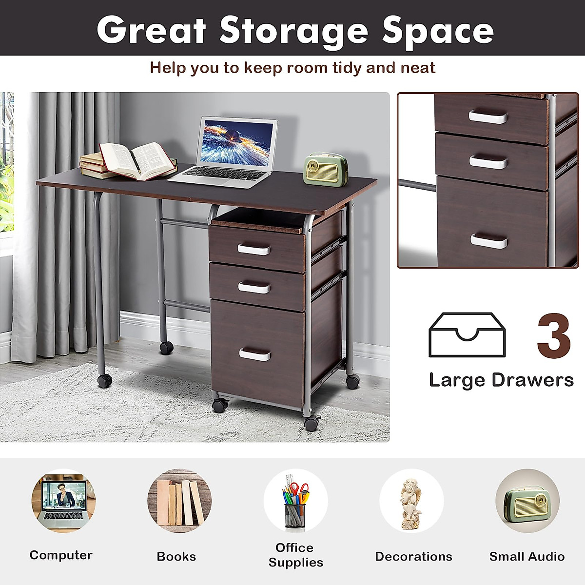 Foldable Computer Laptop Desk w/ 3 Drawers, Wheeled Laptop Desk with Metal Frame, Space Saving Folding Desk with Rolling Wheels for Home Office Small Space (Brown)