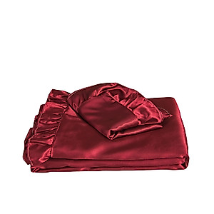 3 Pieces Satin Duvet Cover Silky Red Bedding Set Luxury Satin Lace Ruffled Fringed Super Smooth Soft Silk Like Microfiber Burgundy Red Duvet Cover Set Queen with 2 Pillowcases