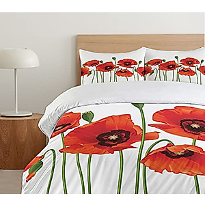 Ambesonne Floral Duvet Cover Set, Poppies of Spring Season Pastoral Flowers Botany Bouquet Field Nature Theme Art, Decorative 3 Piece Bedding Set with 2 Pillow Shams, Queen Size, Red and Green