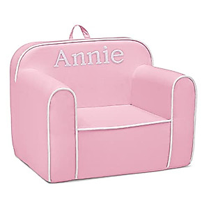 Delta Children Cozee Chair for Kids - 1 Seater Foam Toddler Couch can be Personalized with Name, Has Removable Cover for Easy Machine Washing (25x18x20.5 Inches, Pink and White)