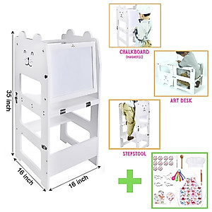 4-in-1 [Fun Ninja] Toddler Kitchen Step Stool for Children and Toddlers, Whiteboard & Art Desk, Safety Rail Tower for Kids, Parent Assistant Stepping Stool (White, Bundle)