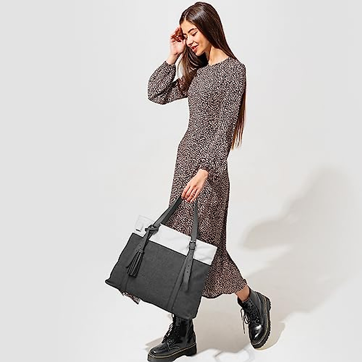 Tote Bag with Zipper for Women,Laptop Tote Purse with Cup Holder & Compartments for Work Travel Nurse Teacher College,Bolso para Mujer,Canvas,Gray