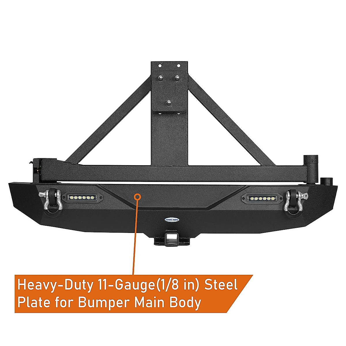 Hooke Road Offroad Rear Bumper with Spare Tire Carrier for 2007-2018 Jeep Wrangler JK & Unlimited 2/4 Doors, Built-in Hitch Receiver & LED Lights & D-rings