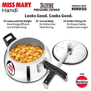 Hawkins 5 Litre Miss Mary Handi Pressure Cooker, Inner Lid Cooker, Silver (MMH50)