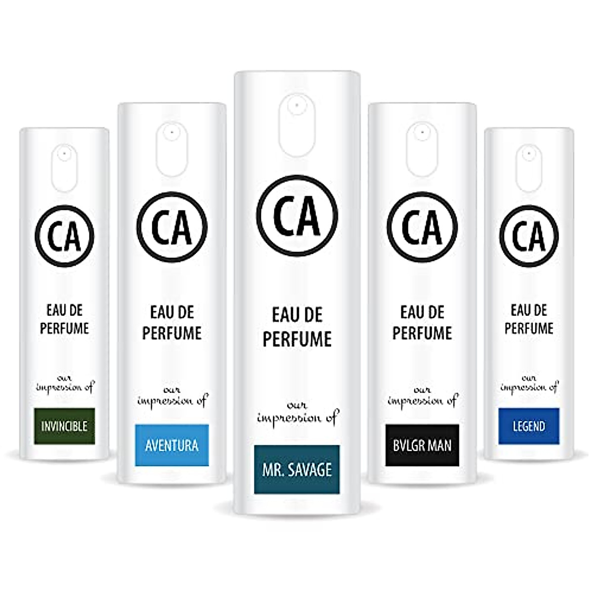 CA Perfume 2020 Most Attractive Men  Set Impression of ( Aventura + Mr.Savage + Bvl. Man + Invincible + Legend ) Fragrance Sample Travel Size Parfum Sprayer ( 0.3 Fl Oz/10 ml) x5