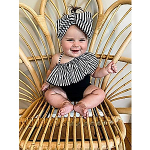 Baby Girl Hawaiian Ruffles Bikini One-Piece Swimsuit Beach Bathing Suit Floral Swimwear+Headband 2 Pcs Set (Black Strips, 0-6 Months)