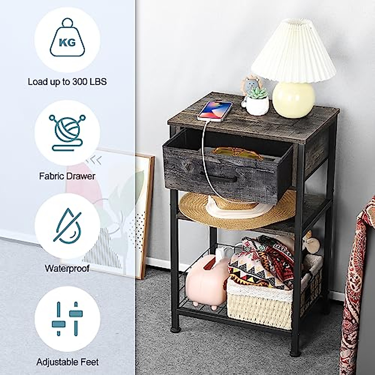 smusei Nightstand with Charging Station Night Stand with Fabric Drawer End Tables with USB Ports and Outlets Living Room Bed Side Table for Small Spaces, Dark Grey