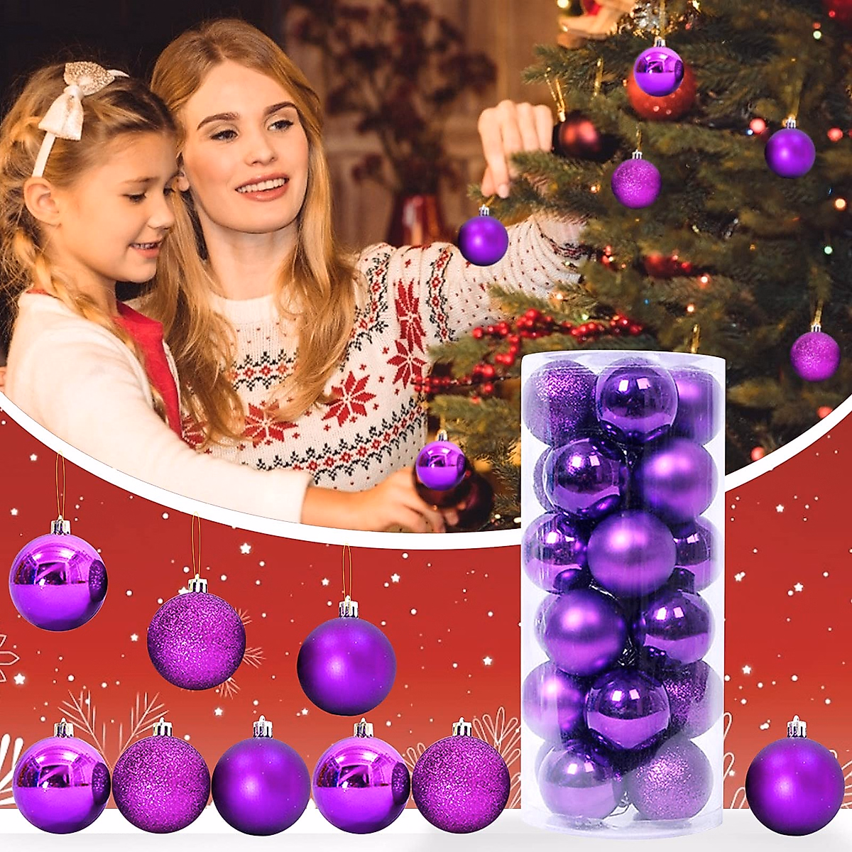 Youmymine 24PCS Christmas Xmas Tree Ball Festival Decoration Bauble Hanging Home Party Ornament Decor 30mm (Pink, One Size)