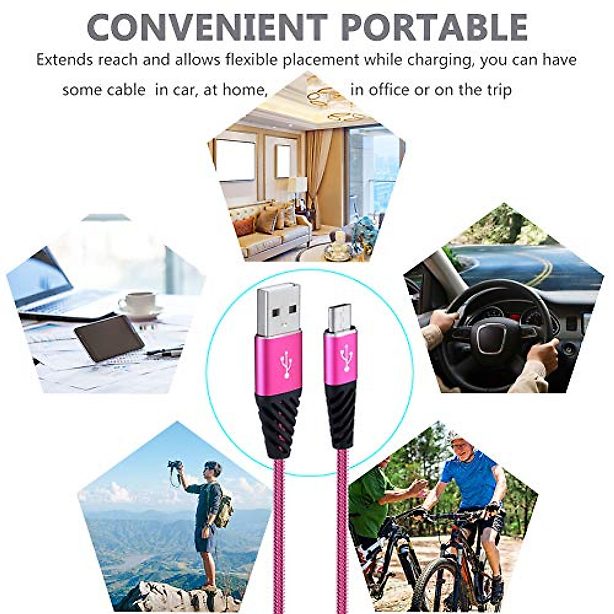 Boenoea Fast Phone Charger Android 10ft 5-Pack Long Micro USB Cable Braided Compatible with Samsung Galaxy J3 J7 S6 S7 Edge Note 4 5 LG BlackBerry Motorola Xbox PS4 Kindle