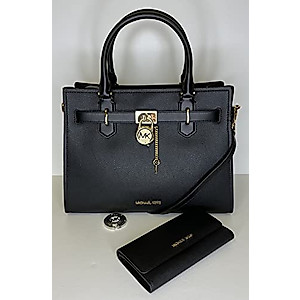 MICHAEL Michael Kors Hamilton MD Satchel bundled with Trifold Wallet and Purse Hook (Black)