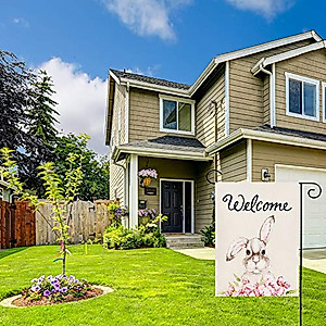 Welcome Floral Bunny Garden Flag Vertical Double Sided Easter Bunny Rabbit, Spring Summer Rustic Farmhouse Yard Outdoor Decoration 12.5 x 18 Inch