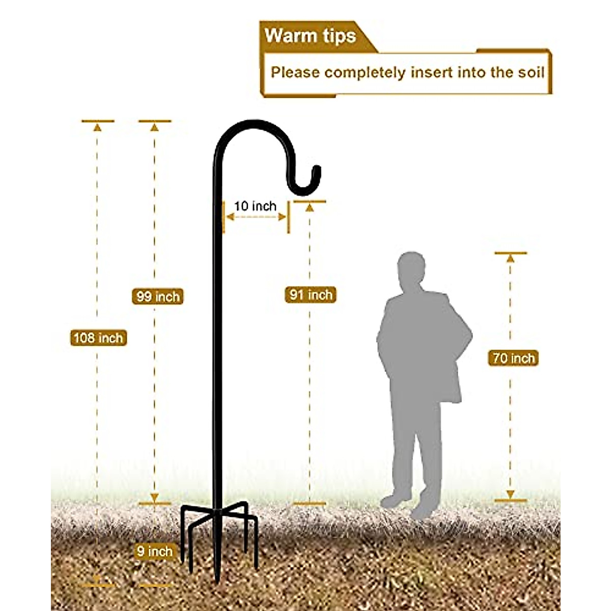 Derkniel Shepherd Hook 108 Inch Tall Heavy-Duty Metal Garden Hanging Pole Stake for Bird Feeder Pole Plant Baskets, Black (1 Pack)