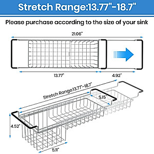 TreeLen Sink Caddy Sponge Holder Kitchen Sink Organizer Sponge Caddy Farmhouse Sink Accessories Rag Detergent Brush Dishwashing Liquid Rack Expandable 14-3/4" to 20" Stainless Steel