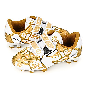 Linkidea Kids FG Soccer Shoes No Laces, Laceless Firm Ground Soccer Cleats for Unisex-Child, Kids Lace Less Soccer Shoes for Grass Field (Gold/White)