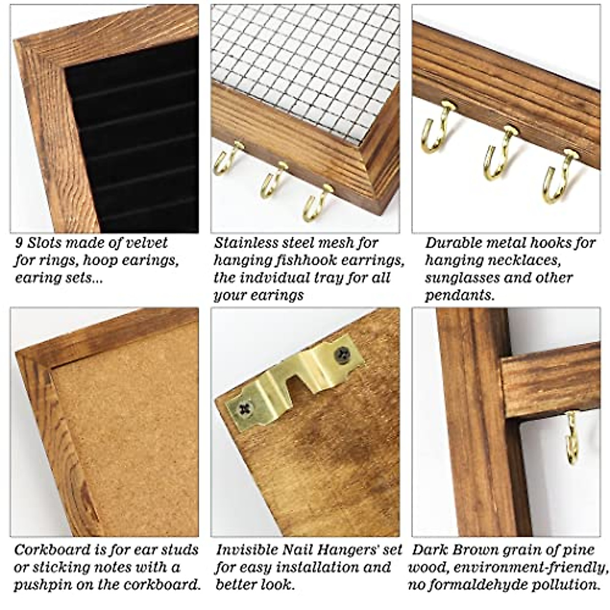 Jewelry Organizer Wall Mounted 4 Pack Rustic Wood Jewelry Display Organizer Holder with Hooks for Ear Rings, Necklaces and Bracelet(Hook + Stencil + Rings + Corkboard)