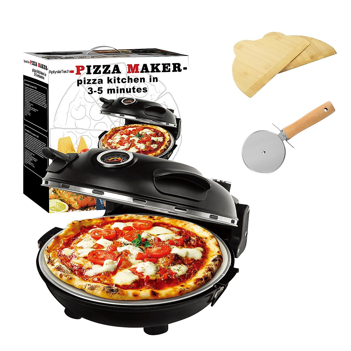 AplysiaTech Pizza Oven – Electric Pizza Oven Indoor Portable, 12 Inch Indoor Pizza Oven Countertop, Stone Baked Pizza Maker Heats up to 800˚F for Brick Oven Taste at Home As Seen on TV, 32cm, black