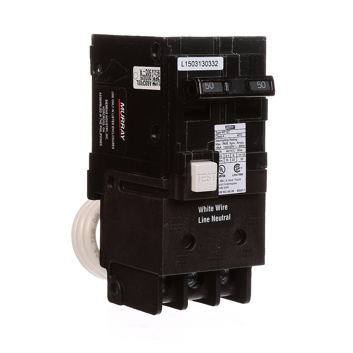 Murray MP250GFA 50 Amp 2-Pole GFCI Circuit Breaker with Self Test & Lockout Feature