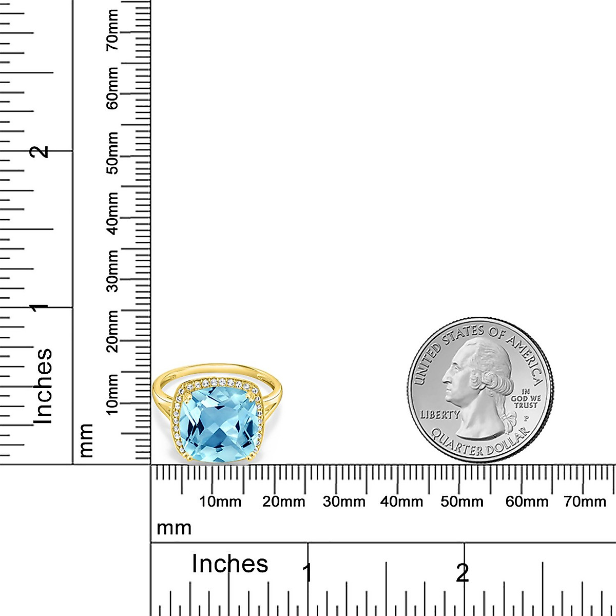 Gem Stone King 10K Yellow Gold Swiss Blue Topaz and White Created Sapphire Ring For Women (8.54 Cttw, Cushion 12MM, Gemstone Birthstone, Available In Size 5, 6, 7, 8, 9)