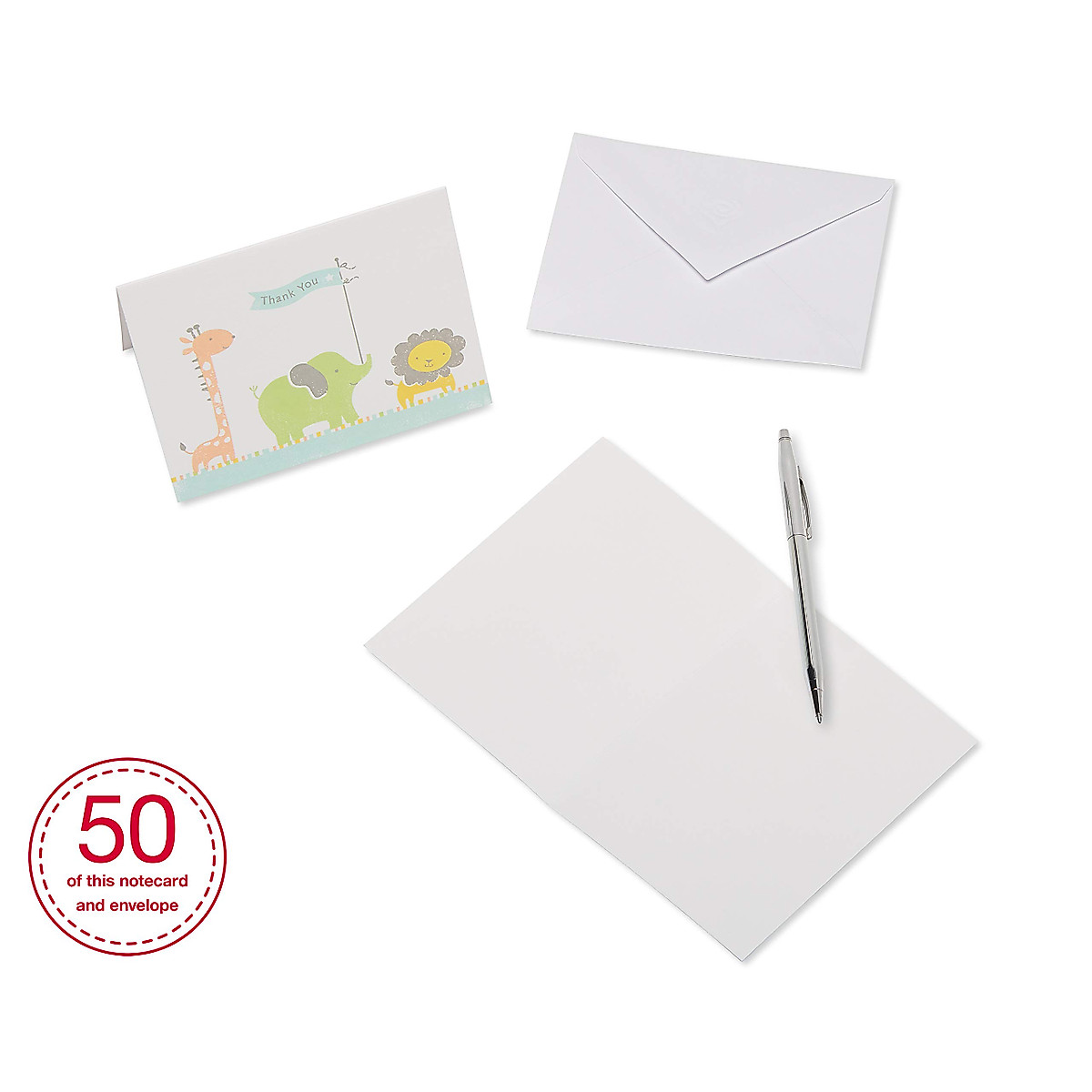 American Greetings Baby Shower Thank You Cards with Envelopes, Giraffe, Elephant and Lion (50-Count)
