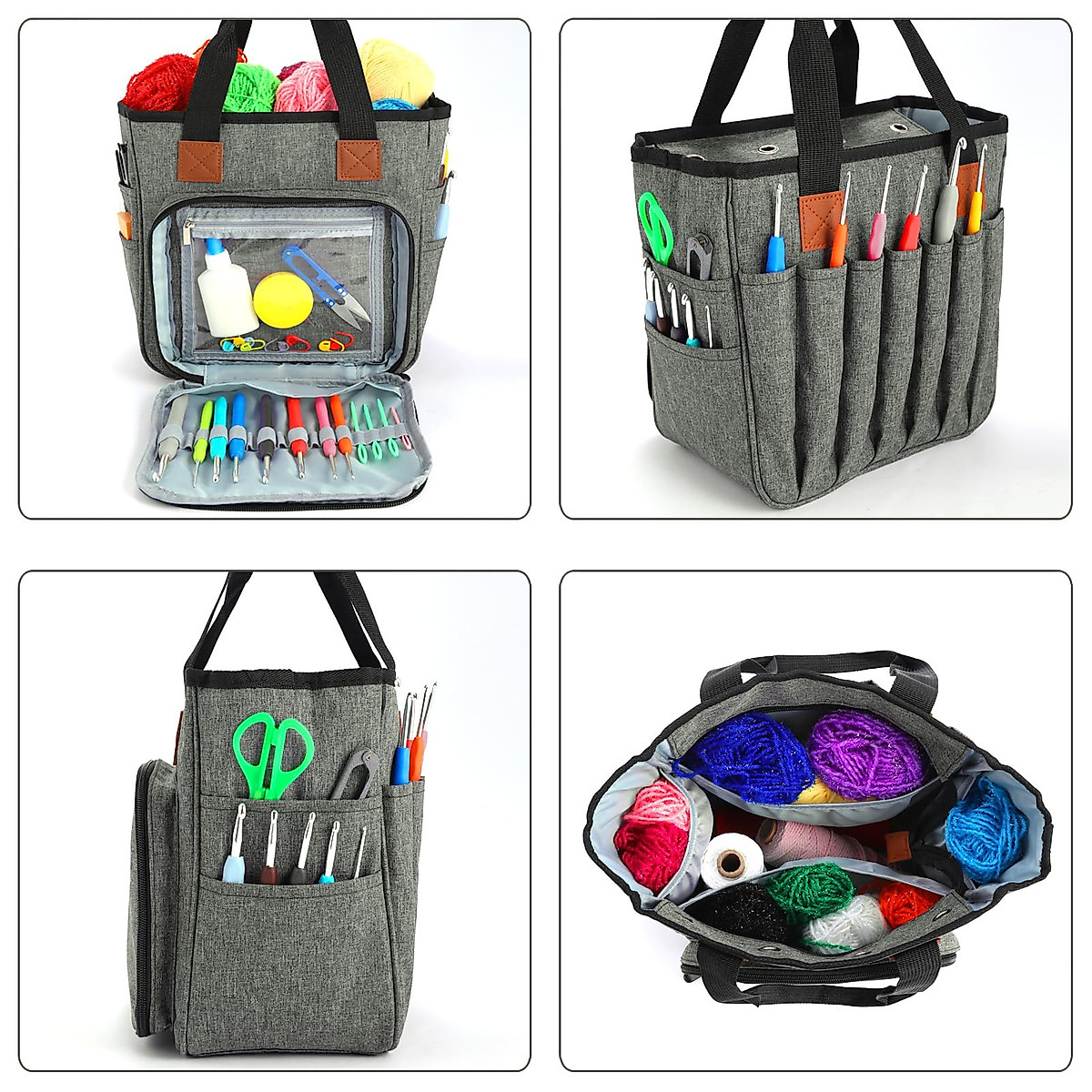 SmplifCraft Knitting Bag Yarn Storage Organizer Bag, Crochet Organizer Crocheting Kit, Knitting Needles, Yarn Balls, Crochet Hooks, Knitting Gifts (Gray)