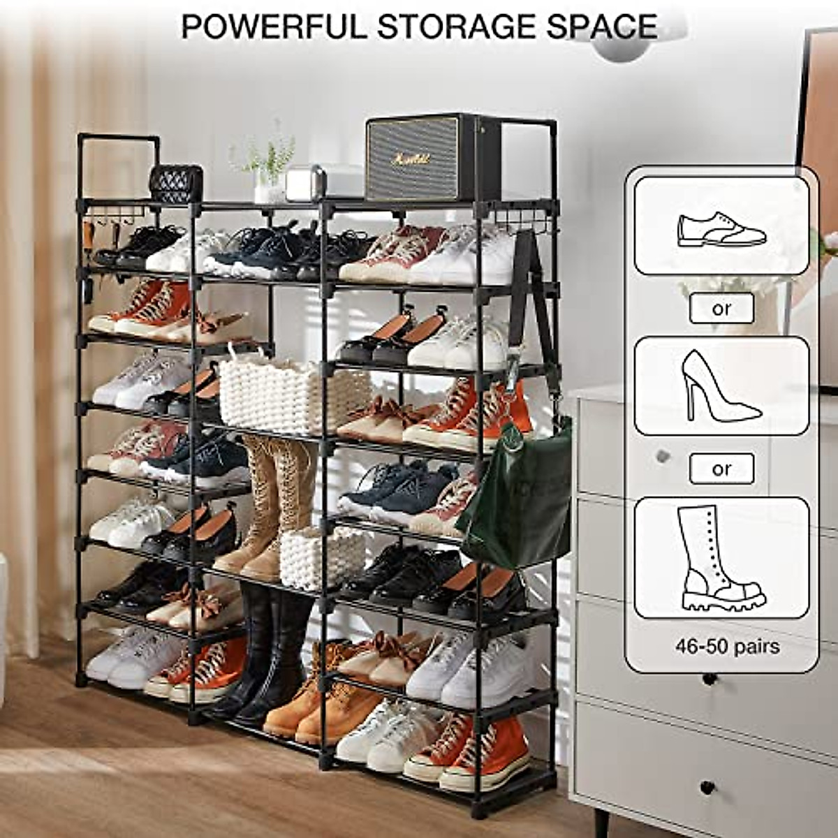 EXQ Home Black Metal Shoe Rack for Closet,8 Tiers Free Standing Shoe Racks for Entryway with Side Hooks,50 Pairs Shoe Rack and Boots Shelf, Tall Shoe Organizer for College Dorm, Door and Garage