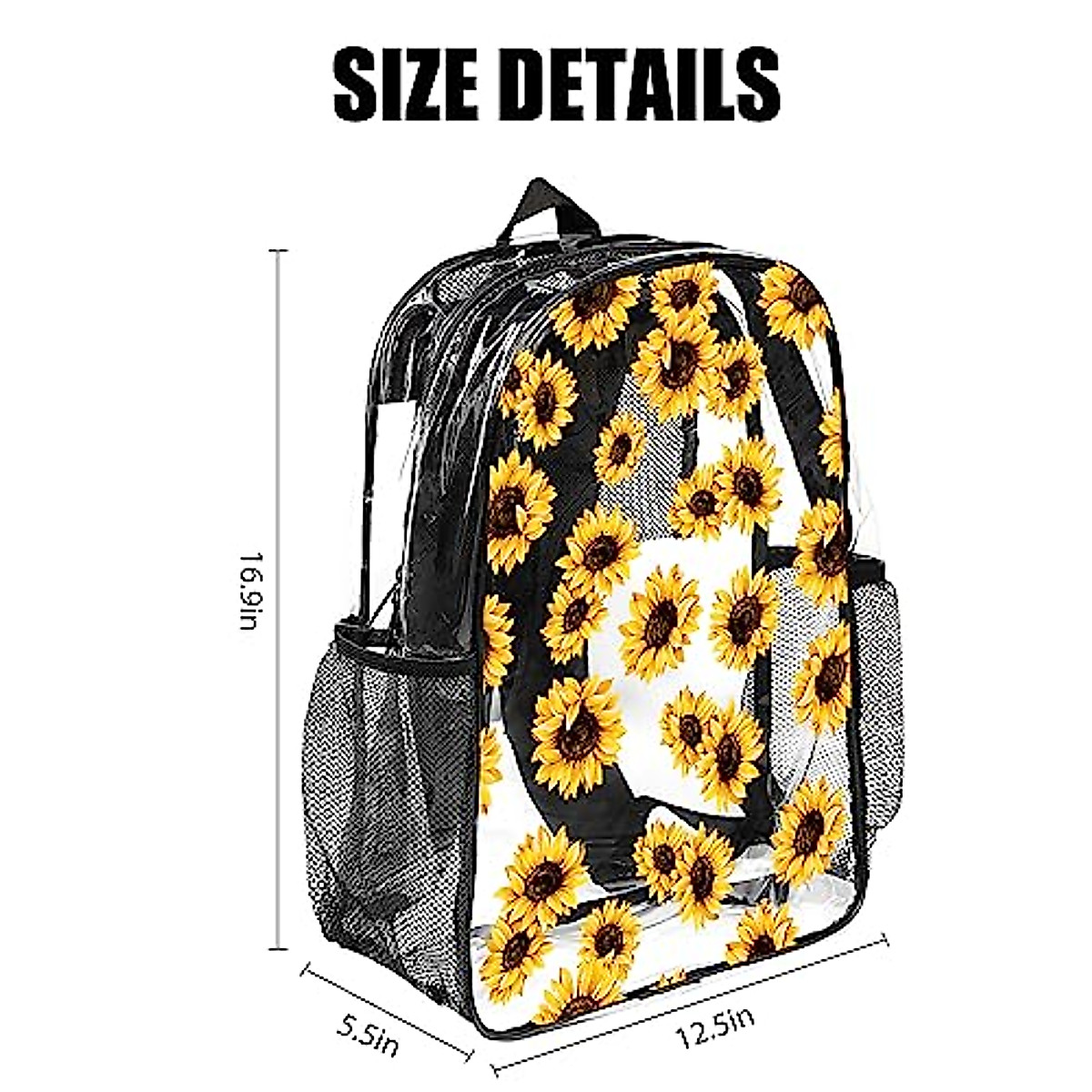 Roftidzo Sunflower Transparent Bookbag for Boys and Girls, High Capacity See Through Backpacks for Women Men, Multifunction Clear Backpack with Heavy Duty PVC Reinforced Strap for Workplace Travel