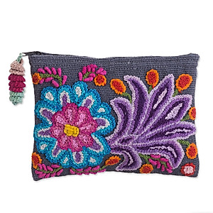 NOVICA Artisan Hand Embroidered Alpaca Clutch Floral in Slate from Peru Wool Handbags Grey Multicolor Clutches Patternedembroidered ' Midnight Delight'