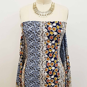 Navy Denim Floral Design Printed 55" Light-Weight Rayon Challis Fabric by The Yard