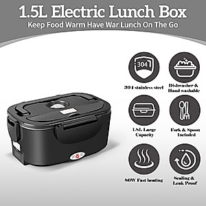 IXIIE Electric Lunch Box 80W for Adults, 1.5L Lunch Warmer with 2 Compartments for Truck/Car/Work, Fast Portable Heated Lunch Box Food Warmer Heater 12/24/110V, Removable Stainless Steel Container