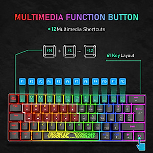 FELICON Portable 60% Mechanical Gaming Keyboard Type C Wired 62 Keys LED USB Waterproof Mini Keyboard 20 Chroma RGB Backlight Anti-ghosting Keys+Extra Keycaps for Computer/PC/Laptop/MAC