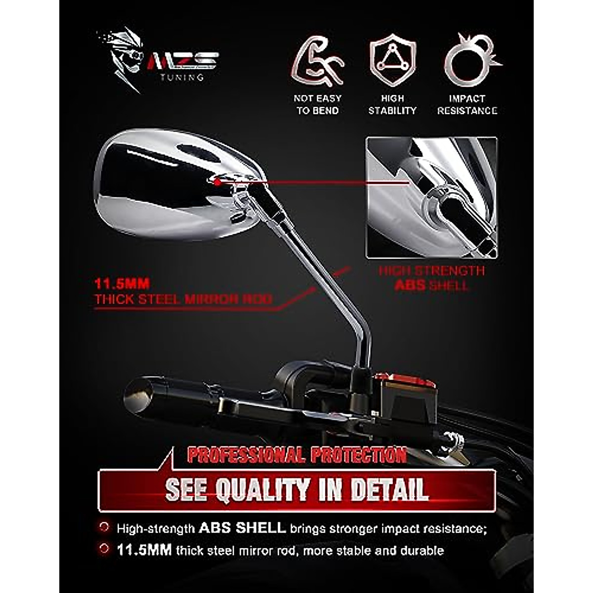 MZS Motorcycle Mirrors Chrome | Universal 10MM 8MM Rear View Side Mirror 360 Degree Adjustable Handlebar Compatible with Street Bike Cruiser Touring Chopper Scooter GY6