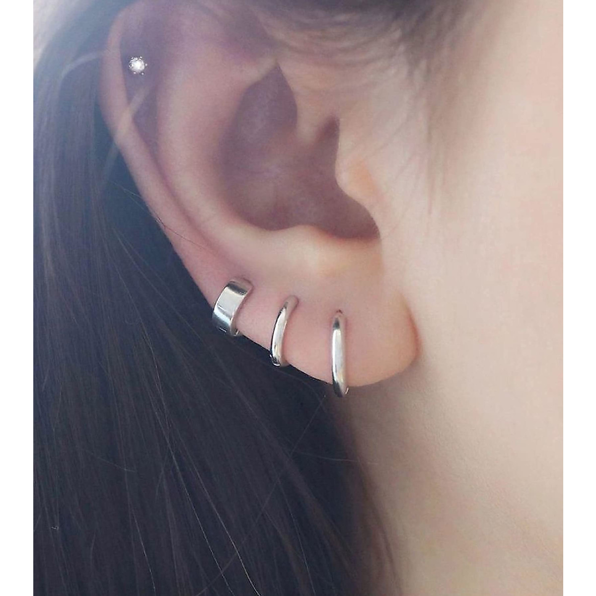 3 Pairs Small Hoop Earrings for Women Men, Sterling Silver Post Sleeper Cartilage Huggie Earring Set, 3mm in Width, Diameter in 8mm 10mm 12mm(Silver)