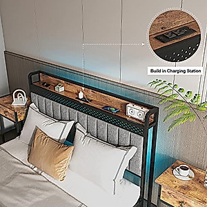 Saudism Full Size Bed Frame with Charging Station, Bed Frame with Led Lights, Full Platform Bed Frame with Soft Storage Headboard, Sturdy and Durable, No Box Spring Needed, Rustic Wood + Steel, Grey