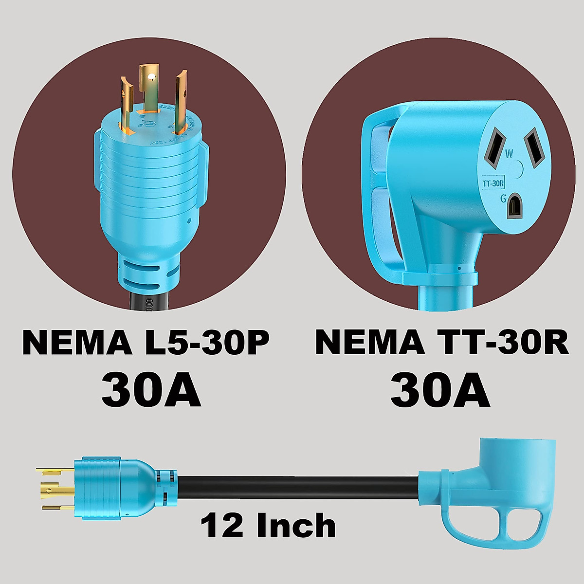 CircleCord 3 Prong 30 Amp Twist Lock Adapter, Generator to RV Adapter Cord with Grip Handle, L5-30P Twist Lock Male to TT-30R Female, Heavy Duty STW 10 AWG for Generator to RV Trailer Camper