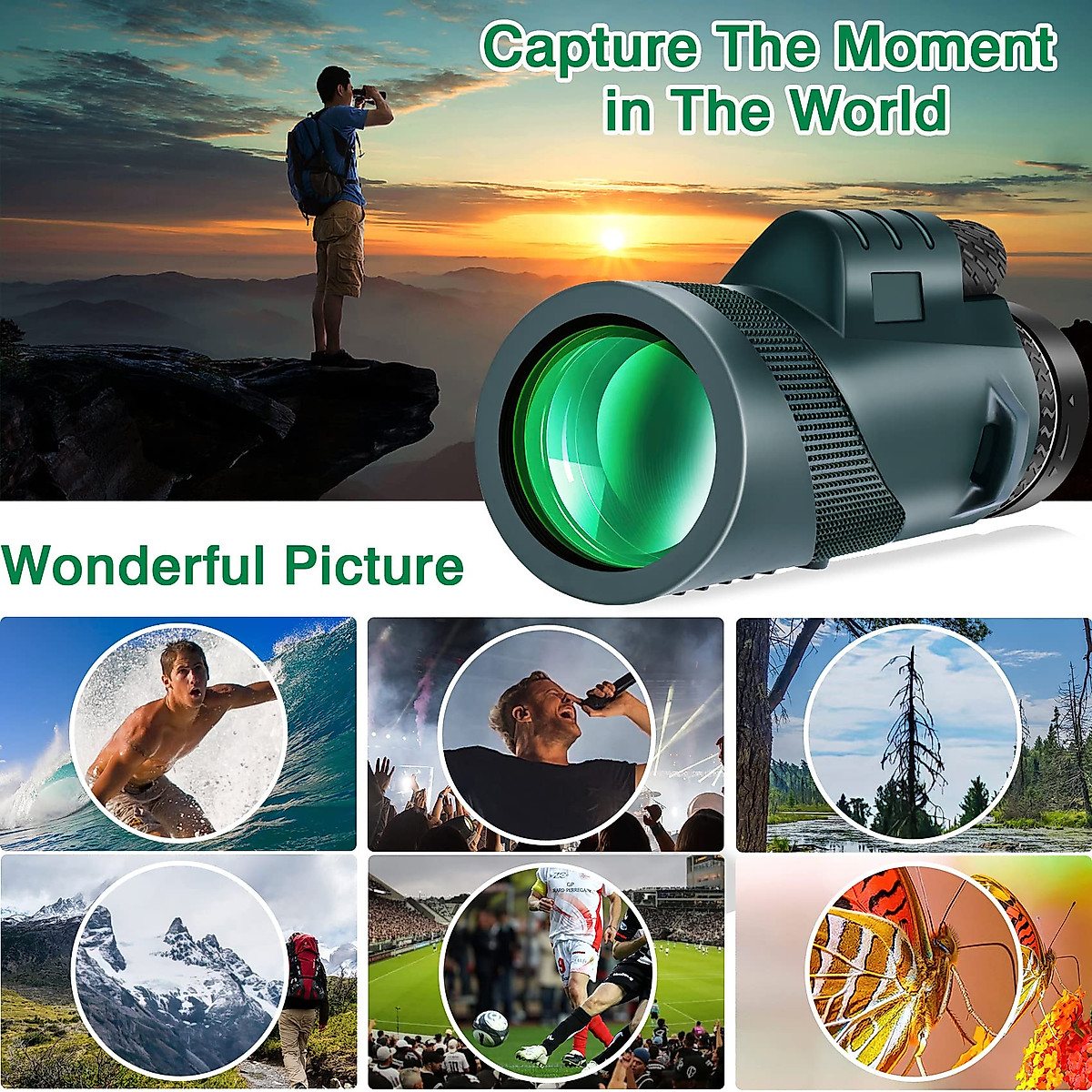 50X60 Monocular Telescope, Monoculars for Adults High Powered, High Power HD Compact Monocular BAK-4 Prism and FMC Lens, Stargazing Hunting, Wildlife Bird Watching, Travel Camping, Hiking (Green)