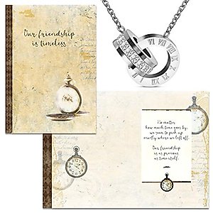 Smiling Wisdom - Timeless Friend Special Friendship Greeting Card with Time Intertwined Double Circle Necklace Gift Set - Best BFF Bestie Woman - Stainless Steel CZ (Silver)
