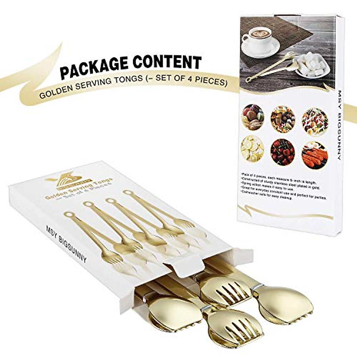 Mini Appetizer Tongs Stainless Steel Set of 4, MSY BIGSUNNY Gold Plated Small Serving Tongs, 6 Inch(15.2cm, Golden)