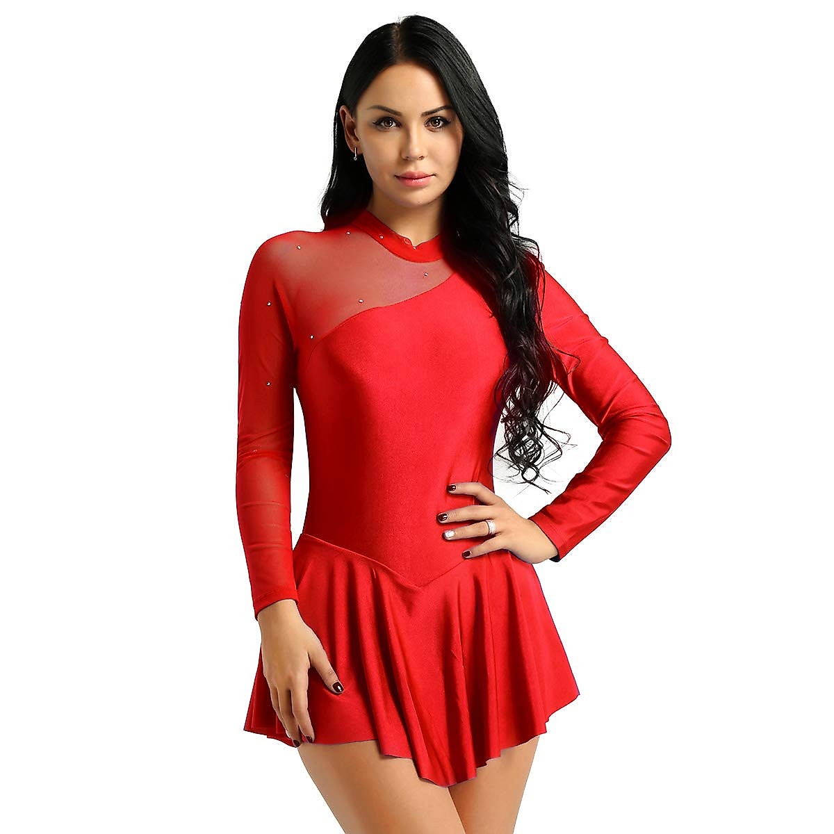Agoky Women's Long Sleeve Mesh Patchwork Leotard Dancewear Gymnastics Figure Ice Skating Dress Short Skirted Red Medium