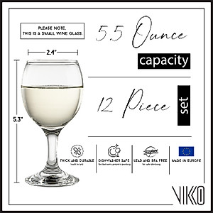 Vikko 5.5 Ounce Wine Glasses, Set of 12 Beautifully Shaped Wine Glass, Thick and Durable Construction, For Parties, Entertaining, and Everyday Use, Dishwasher Safe