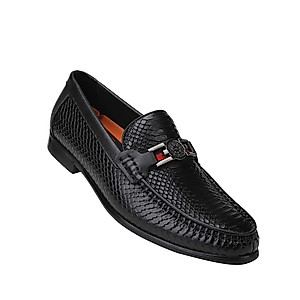 Black Mens Leather Dress Shoes, Premium Crocodile Print Moc-Toe Slip-on Loafer with Metal Buckle Penny Shoes for Mens, 9