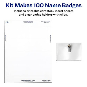 Avery Clip Name Badges, Print or Write, 2.25" x 3.5", 100 Inserts & Badge Holders with Clips (74461)