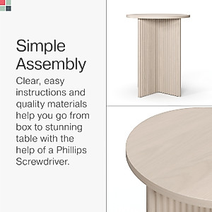 Round Fluted Accent Side Table - Pedestal Drink Table - Modern Home, Bedroom, and Living Room Furniture - Small Round End Table with Solid Wood X-Base and Wood Veneer Top (Weathered White)