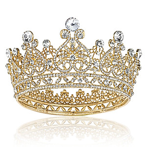 Gold Queen Crown for Women, Girls Birthday Crown Cake Topper, Crystal Rhinestones Tiaras and Crowns for Bride Wedding Prom Bridal Party Halloween Valentines Costume