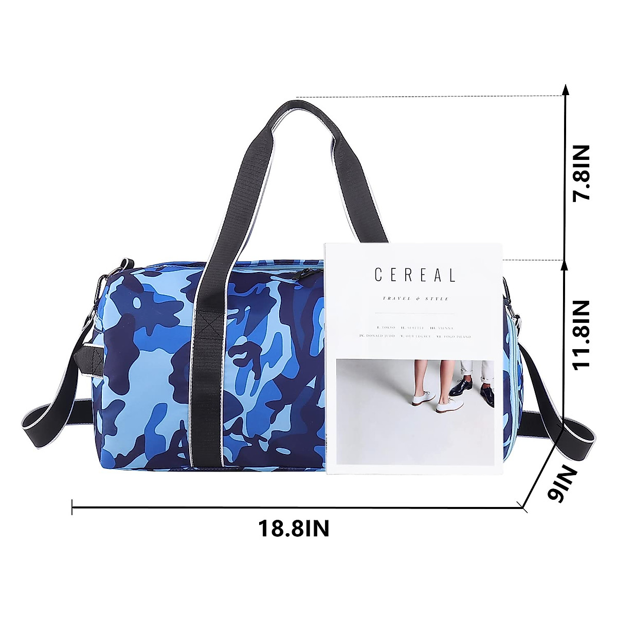 mezhsa Kids Overnight Duffle Bag Girls Boys Sports Gym Bag with Shoe Compartment Wet Pocket Camouflage travel bag (Blue)