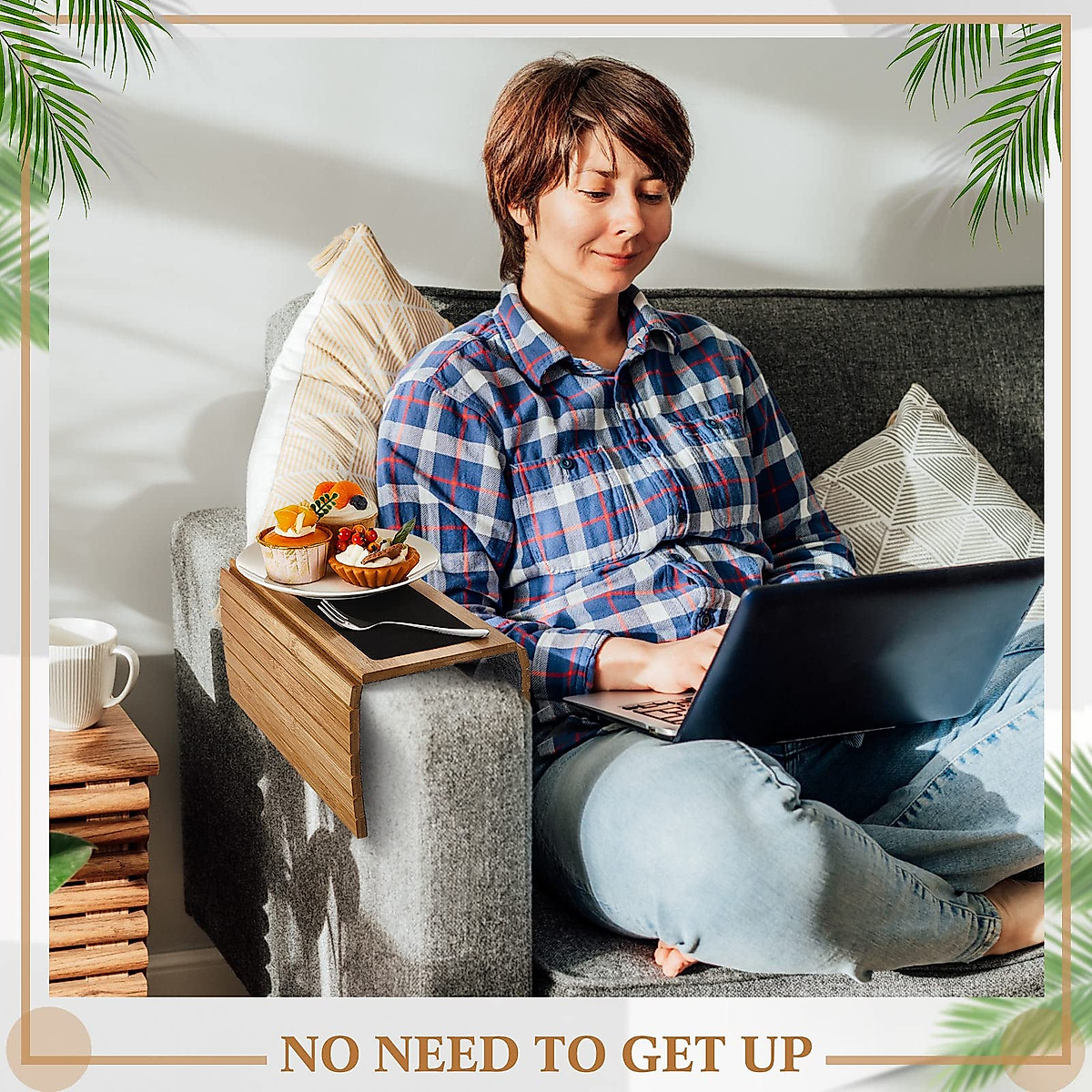 Maitys 2 Set Bamboo Wood Sofa Arm Tray TV Side Table for Couch Anti Slip Armrest Organizer Protector Drink Holder Drink Coaster Remote Caddy for Chair Birthday Housewarming Wedding Gifts