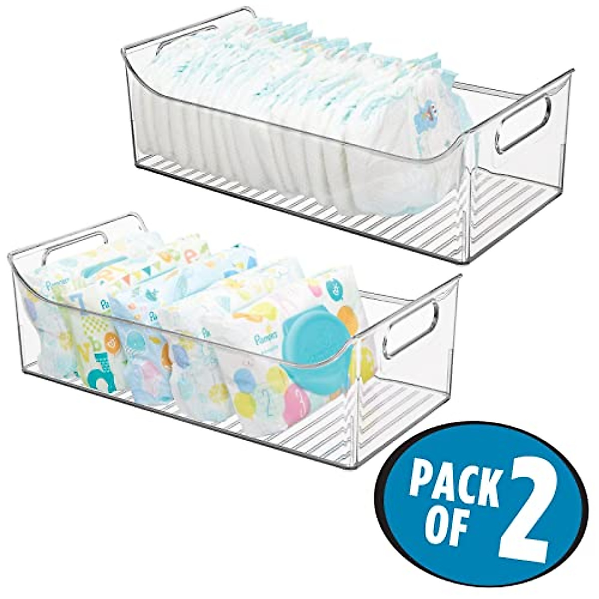 mDesign Portable Nursery Storage Plastic Baby Organizer Storage Caddy Bin w/Handles for Kids/Child Essentials - Holds Diapers, Wipes, Bottles, Baby Food - 16" Long - Ligne Collection - 2 Pack - Clear