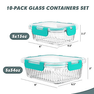 KOMUEE 10 Packs Glass Meal Prep Containers with Lids, Glass Food Storage Containers Set, Airtight Lunch Containers, Microwave, Oven, Freezer and Dishwasher Safe, Green
