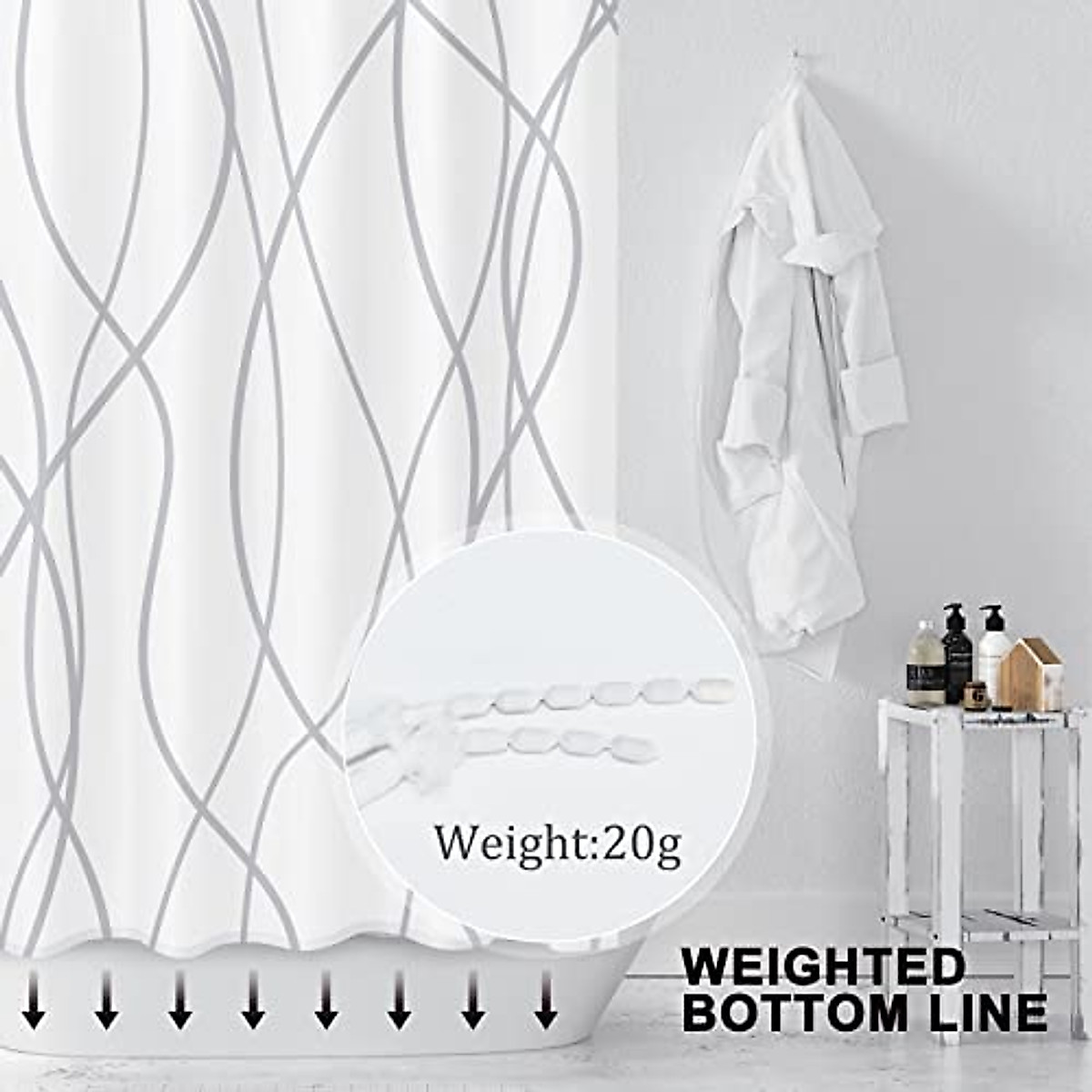 Punkray Grey and White Striped Fabric Shower Curtain for Bathroom with 12 Hooks, Curtains 72 Inches Long, Weighted Hem,Waterproof Bath Accessories Hotel Style - Machine Washable