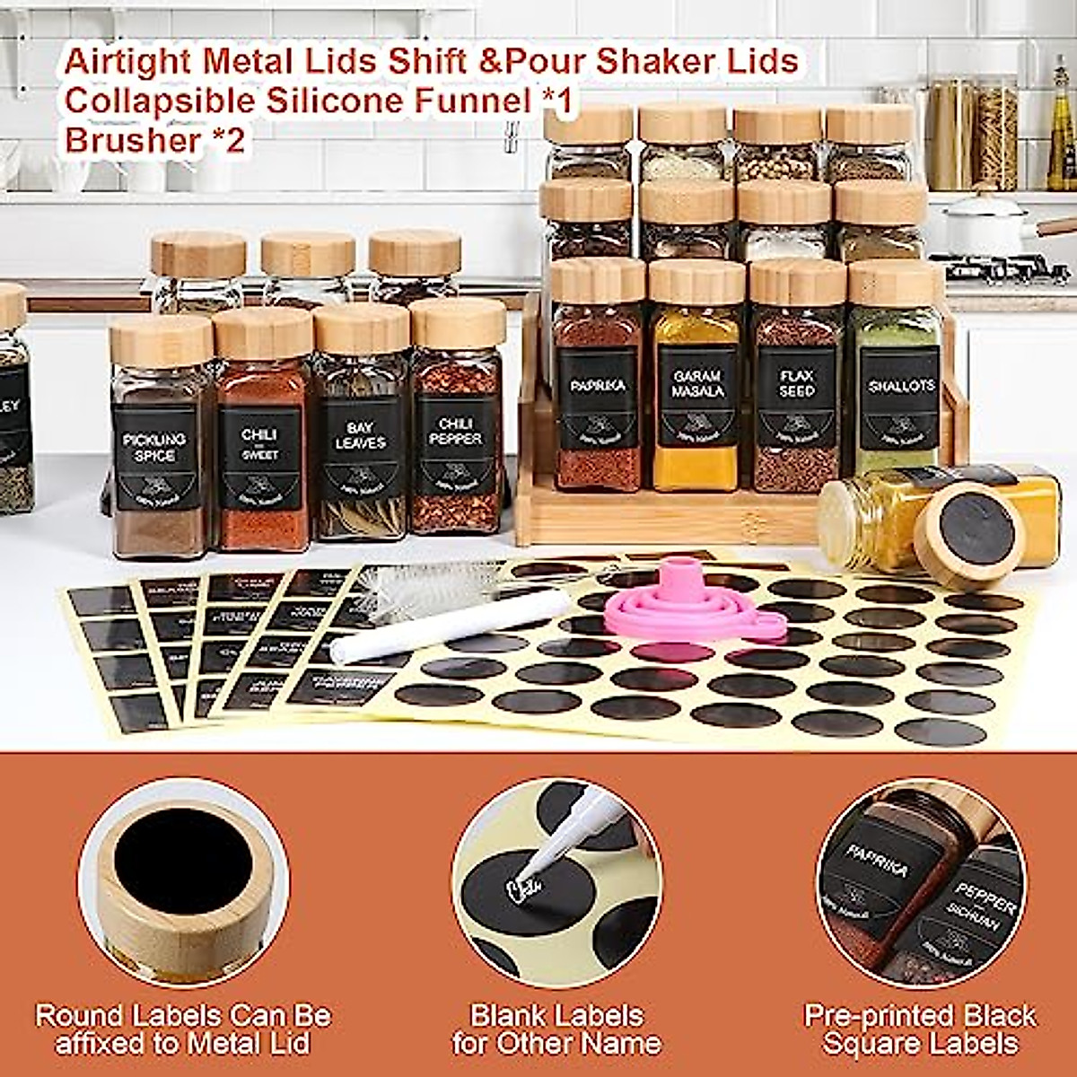 SZUAH 24pcs 4oz Spice Jars with Bamboo Lids, Spice Jars with Labels, Glass Spice Container with Shaker Lids, Funnel, Chalk Pen and Brush